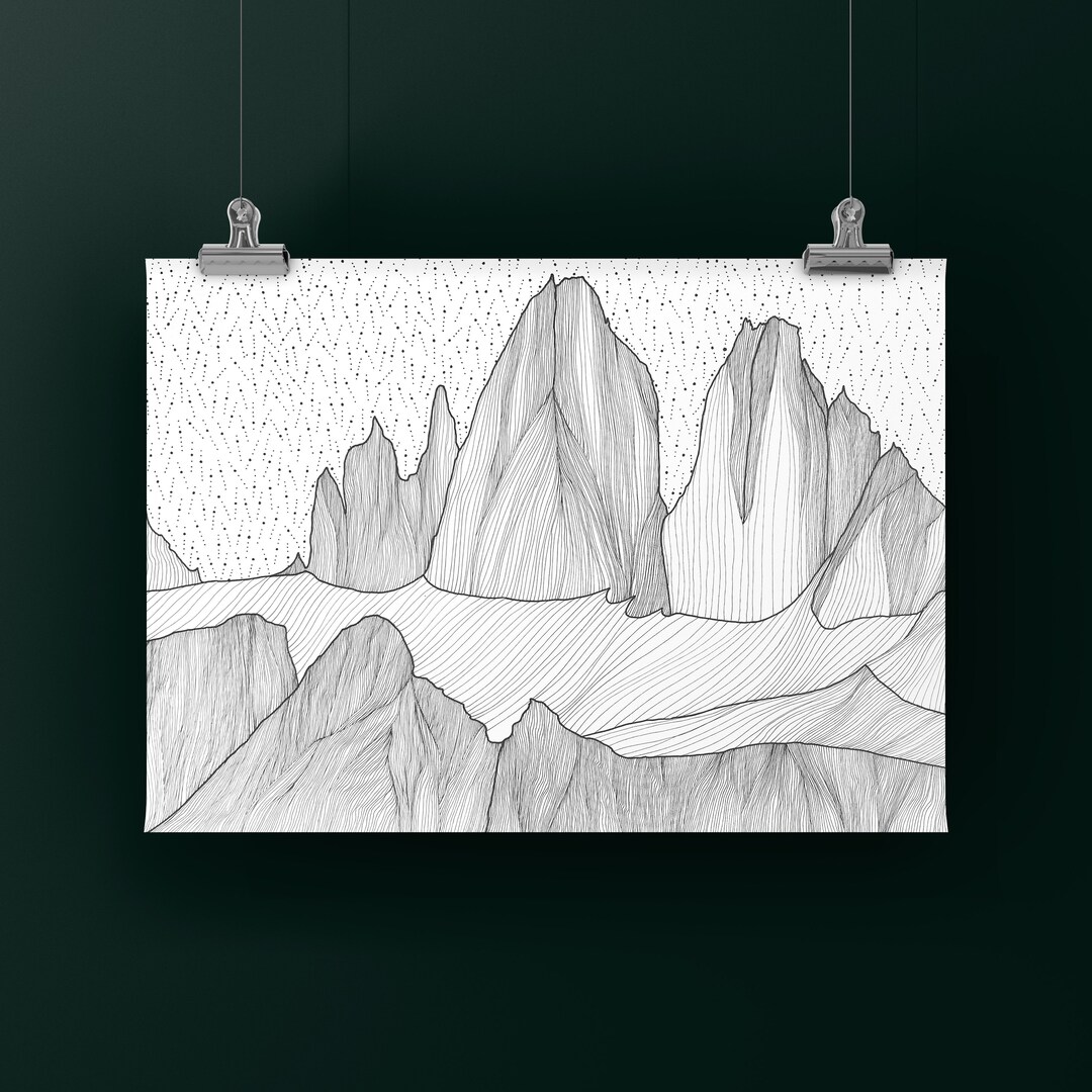 ORIGINAL Three Peaks Mountain Lines Drawing - Etsy