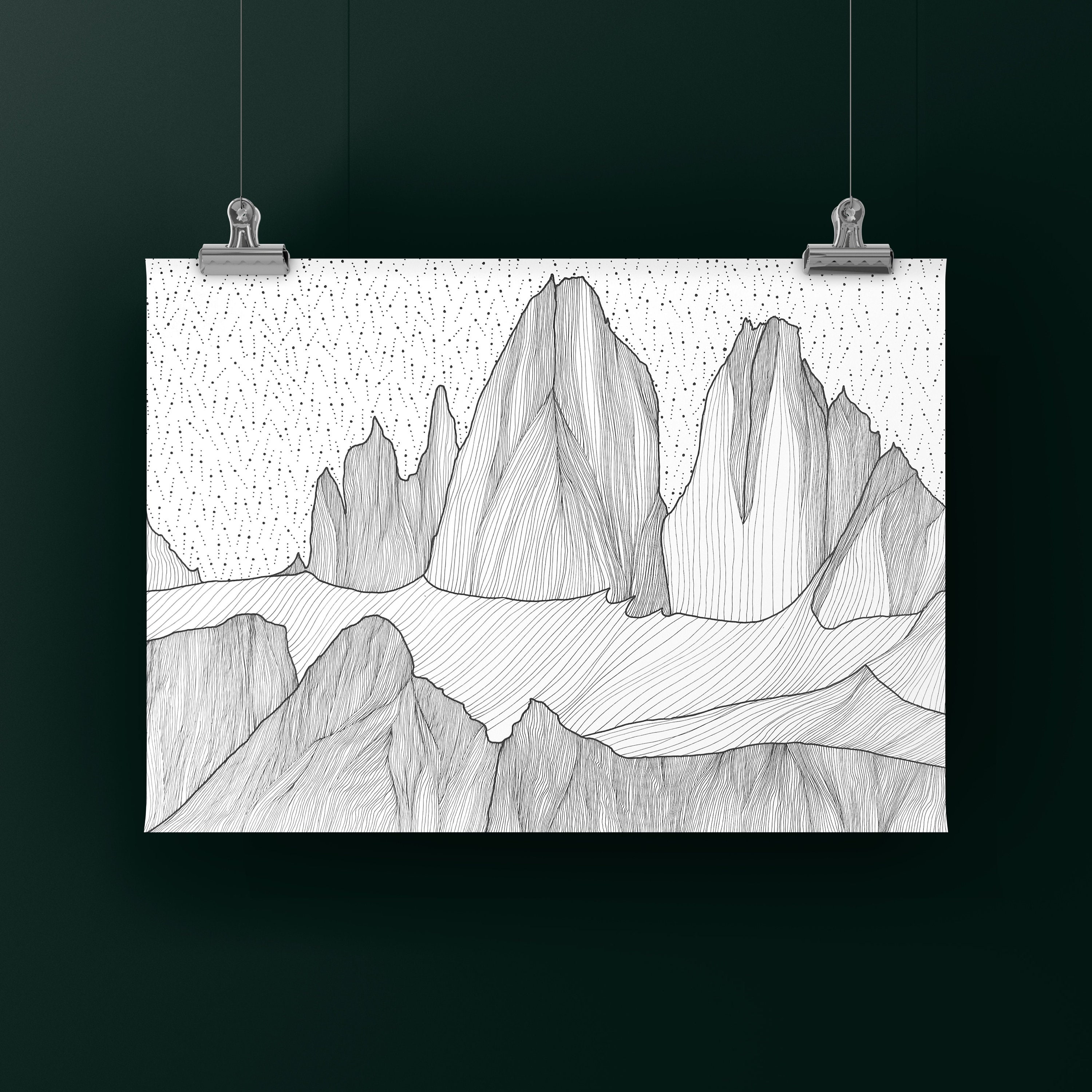ORIGINAL Three Peaks Mountain Lines Drawing - Etsy