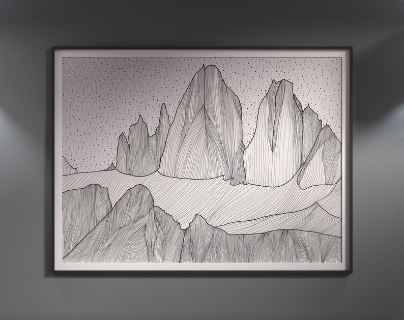 ORIGINAL Three Peaks Mountain Lines Drawing - Etsy