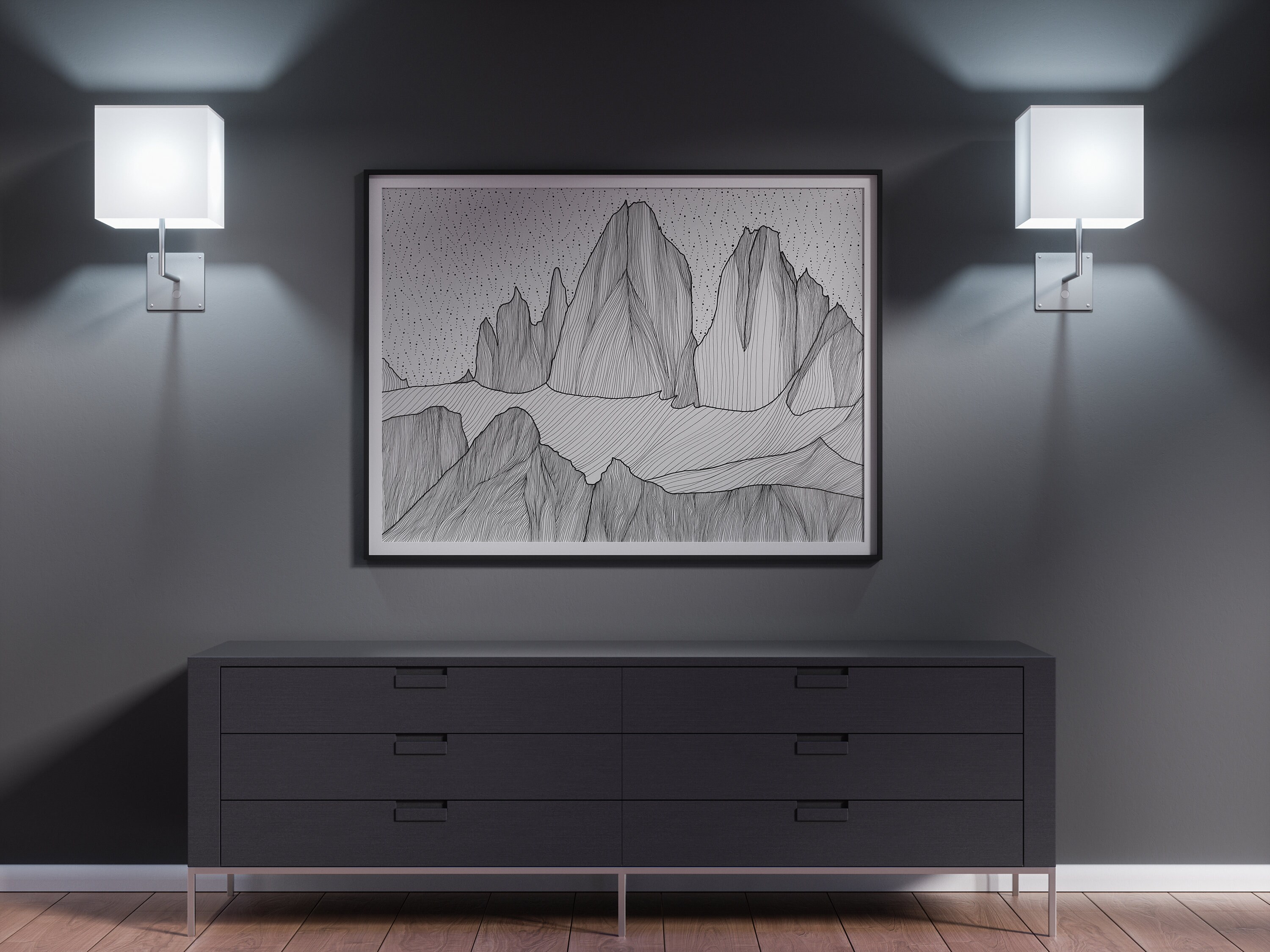 ORIGINAL Three Peaks Mountain Lines Drawing - Etsy