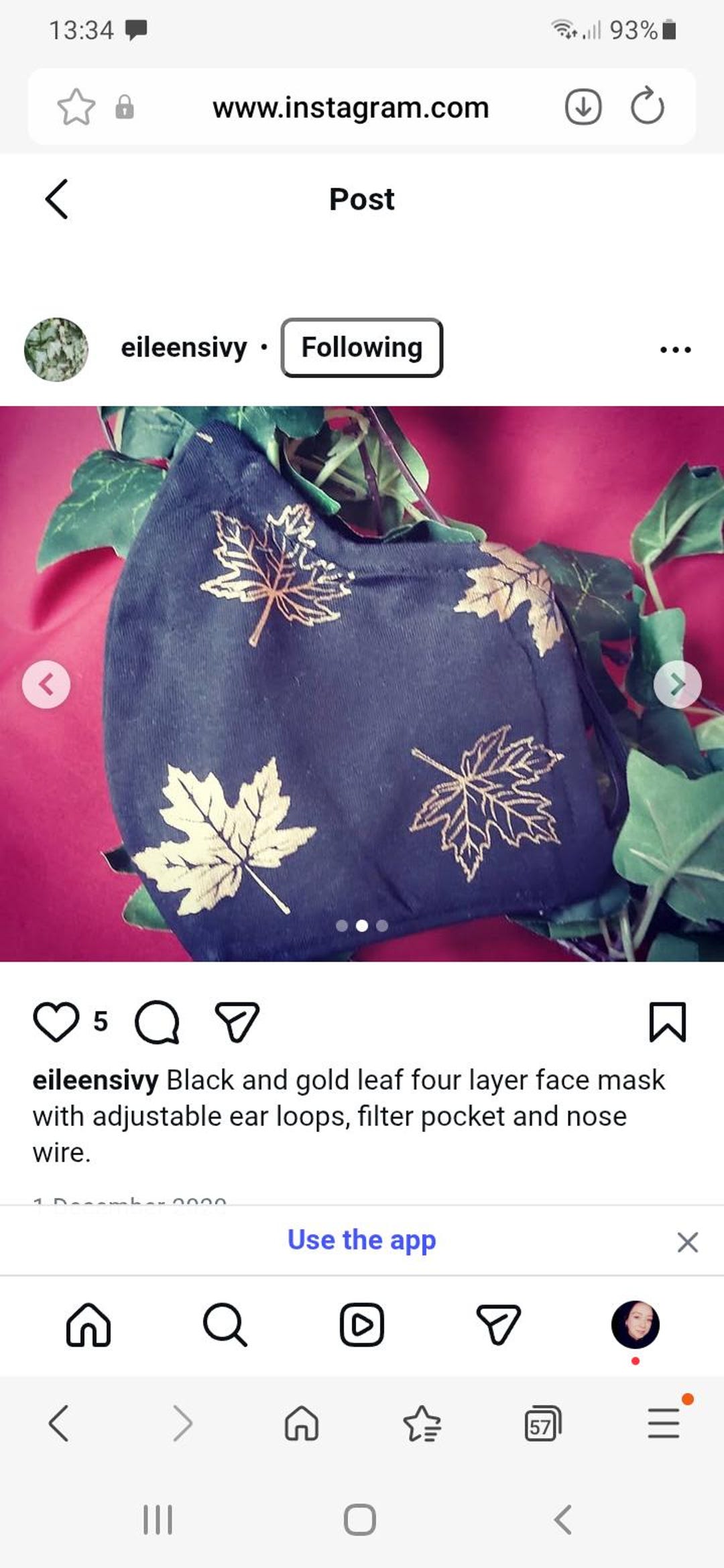 Black and Gold Leaf Pattern Four Layer Face Mask With Nose Wire - Etsy