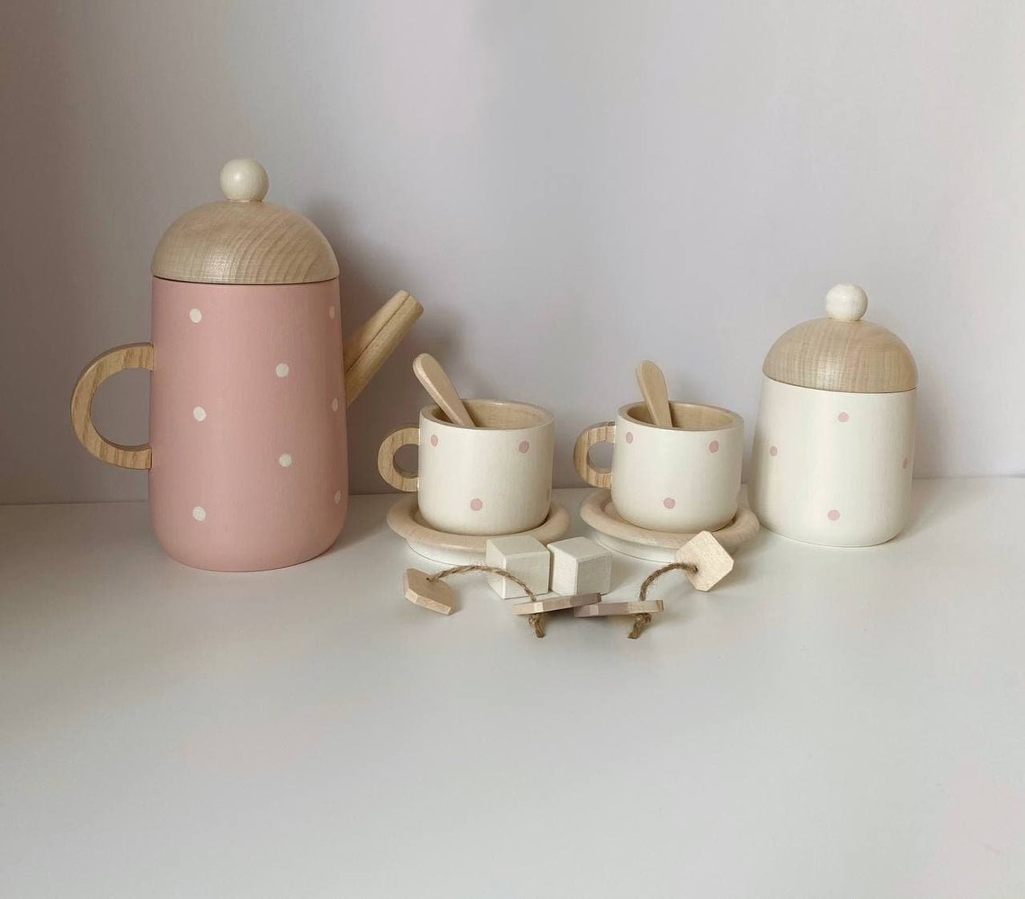 Wooden Tea Set with polka dots Wooden Dishes Set Play | Etsy