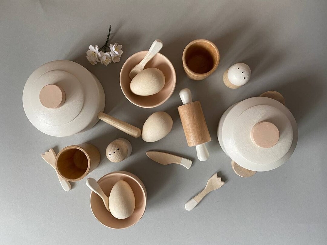 White Wooden Dishes Set Play Kitchen Wooden Play Food Wooden Kitchen ...