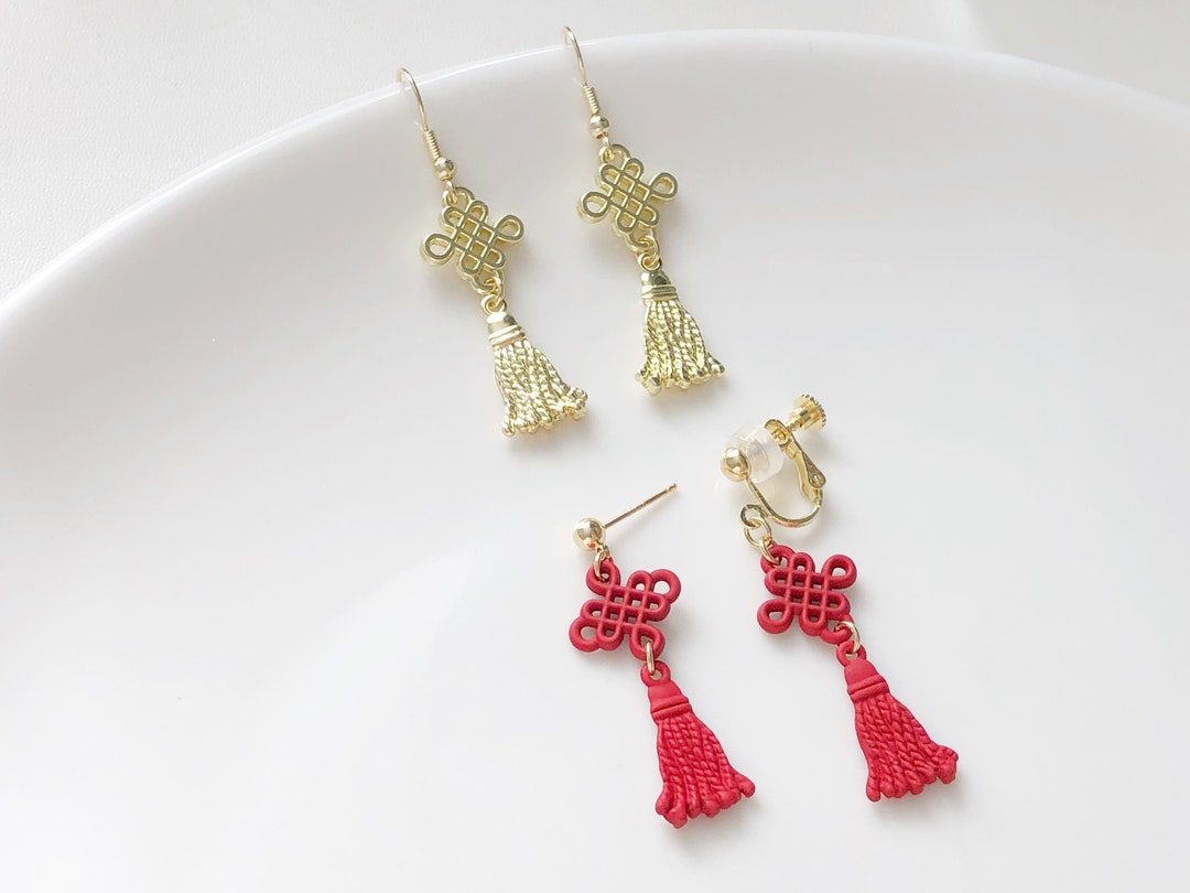 Traditional Chinese Knot Earrings in Gold or Red | Ear Wire, Hook, Clip ...