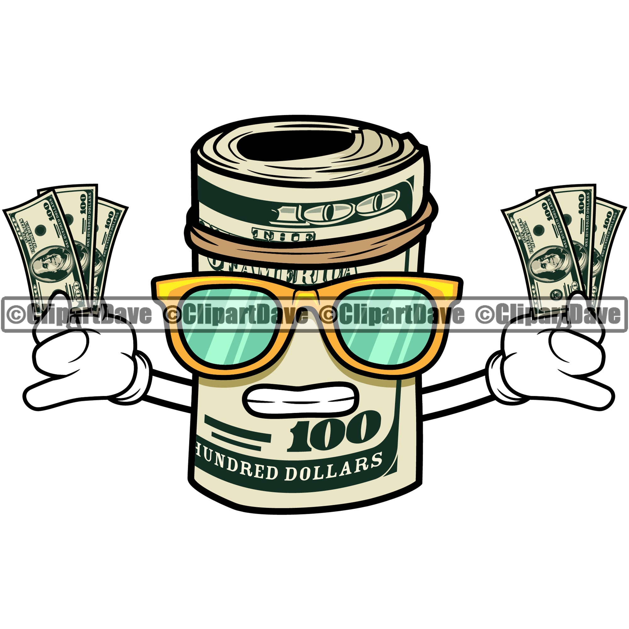 Money Roll Cartoon Character Holding 100 Dollar Bills SVG | Etsy