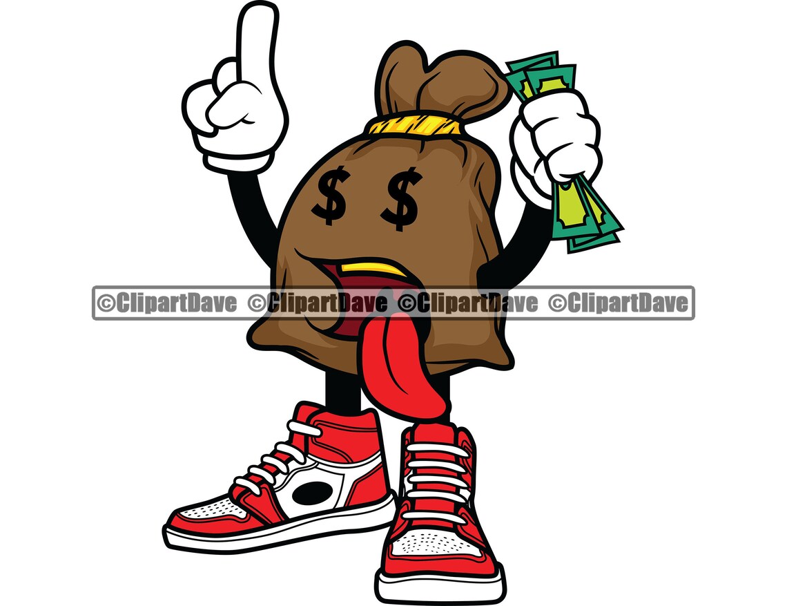 Money Bag Holding Money Stack Cartoon Character Tongue Out SVG | Etsy