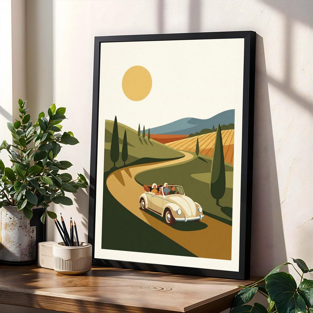 Tuscany Car Art Print | Vintage Travel Art, Cream Classic Car in ...