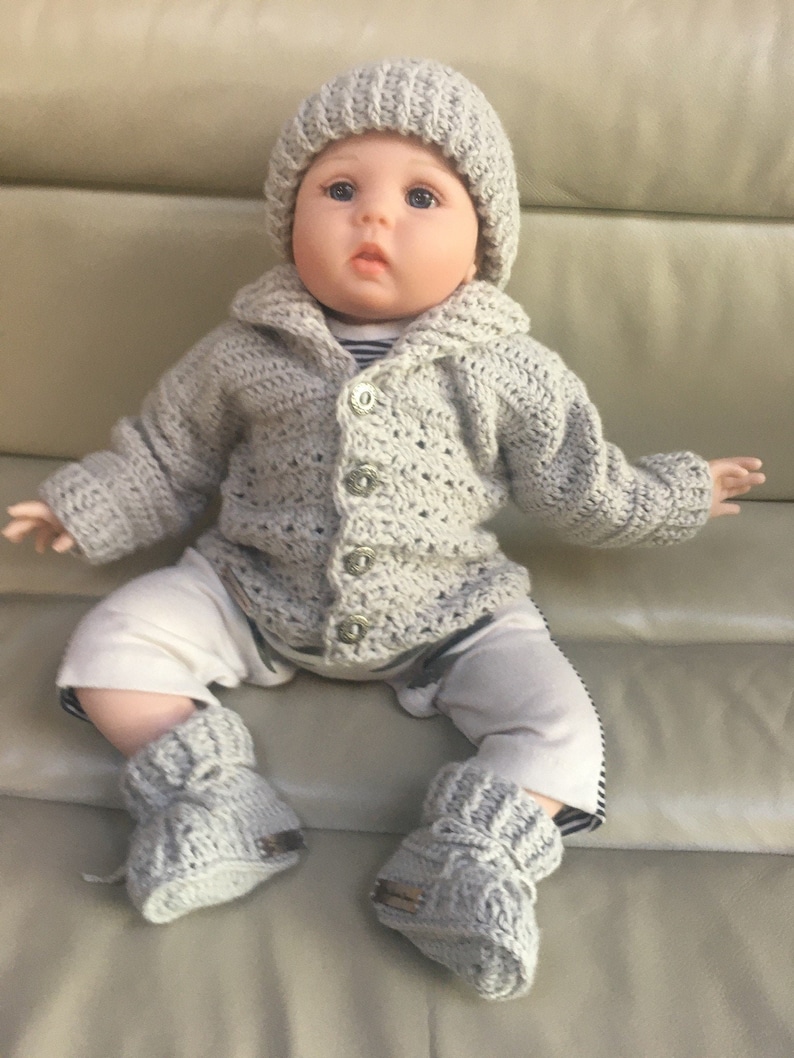 Crochet Pattern – Corbin Shawl Collar Baby Cardigan, Hat & Booties Set ...