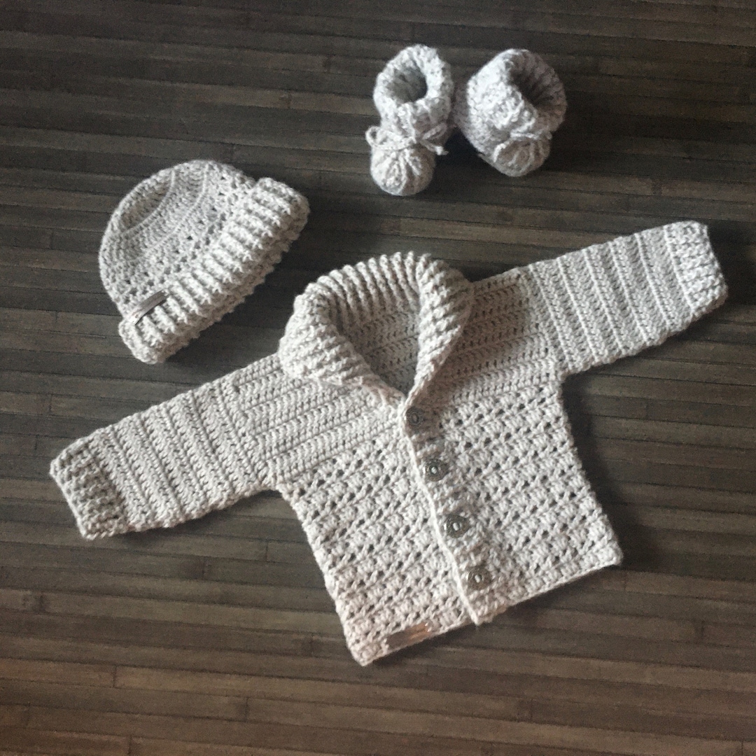 Crochet Pattern – Corbin Shawl Collar Baby Cardigan, Hat & Booties Set ...