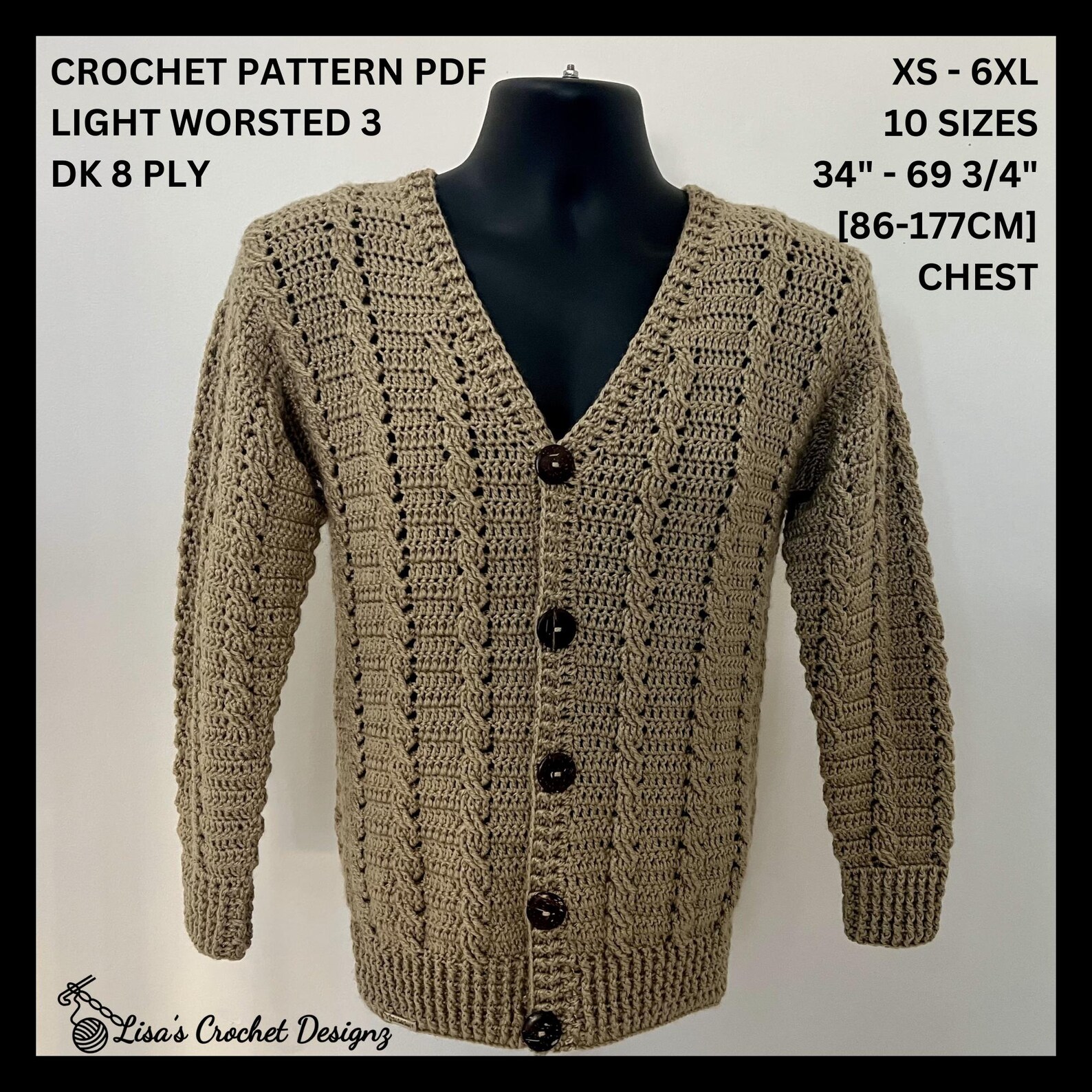 Crochet Pattern - Ethan Men's & Women's Cabled Sweater, Unisex V-neck ...