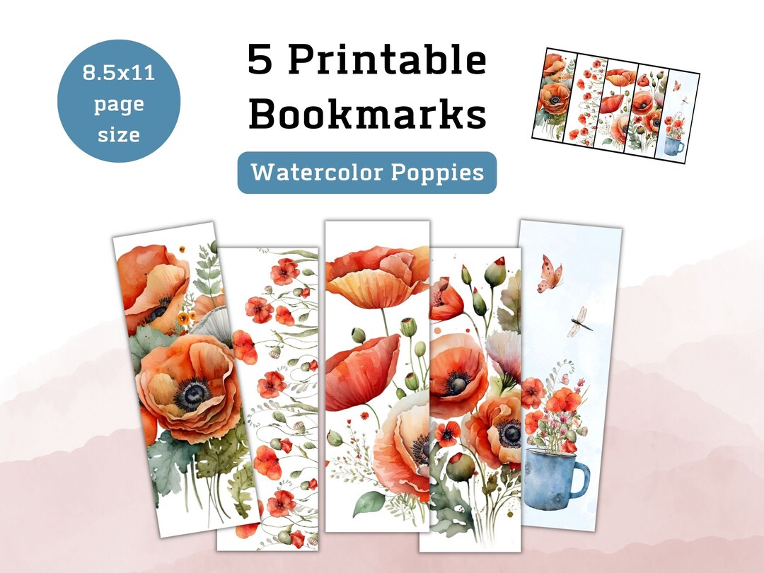 PRINTABLE Bookmarks With Watercolor Poppies Bookmarks for Poppy Lovers ...