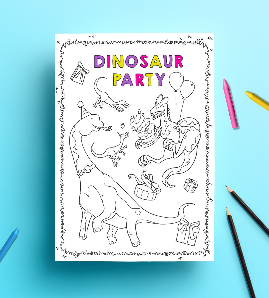 Dino Party Coloring Page - Etsy