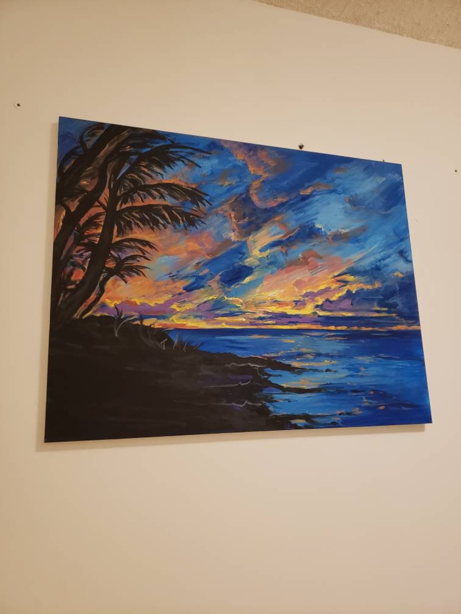 Tropical Sunset Painting, Acrylic Sunset 22"x28", Palm Trees, Ships ...