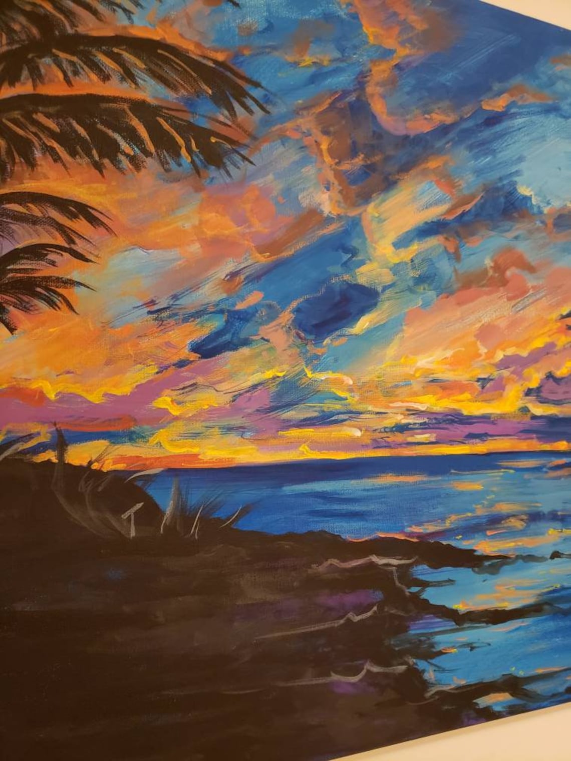 Tropical Sunset Painting, Acrylic Sunset 22"x28", Palm Trees, Ships ...