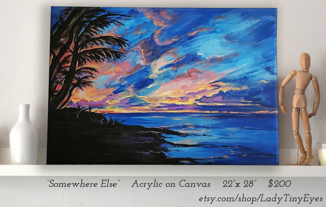 Tropical Sunset Painting, Acrylic Sunset 22"x28", Palm Trees, Ships ...
