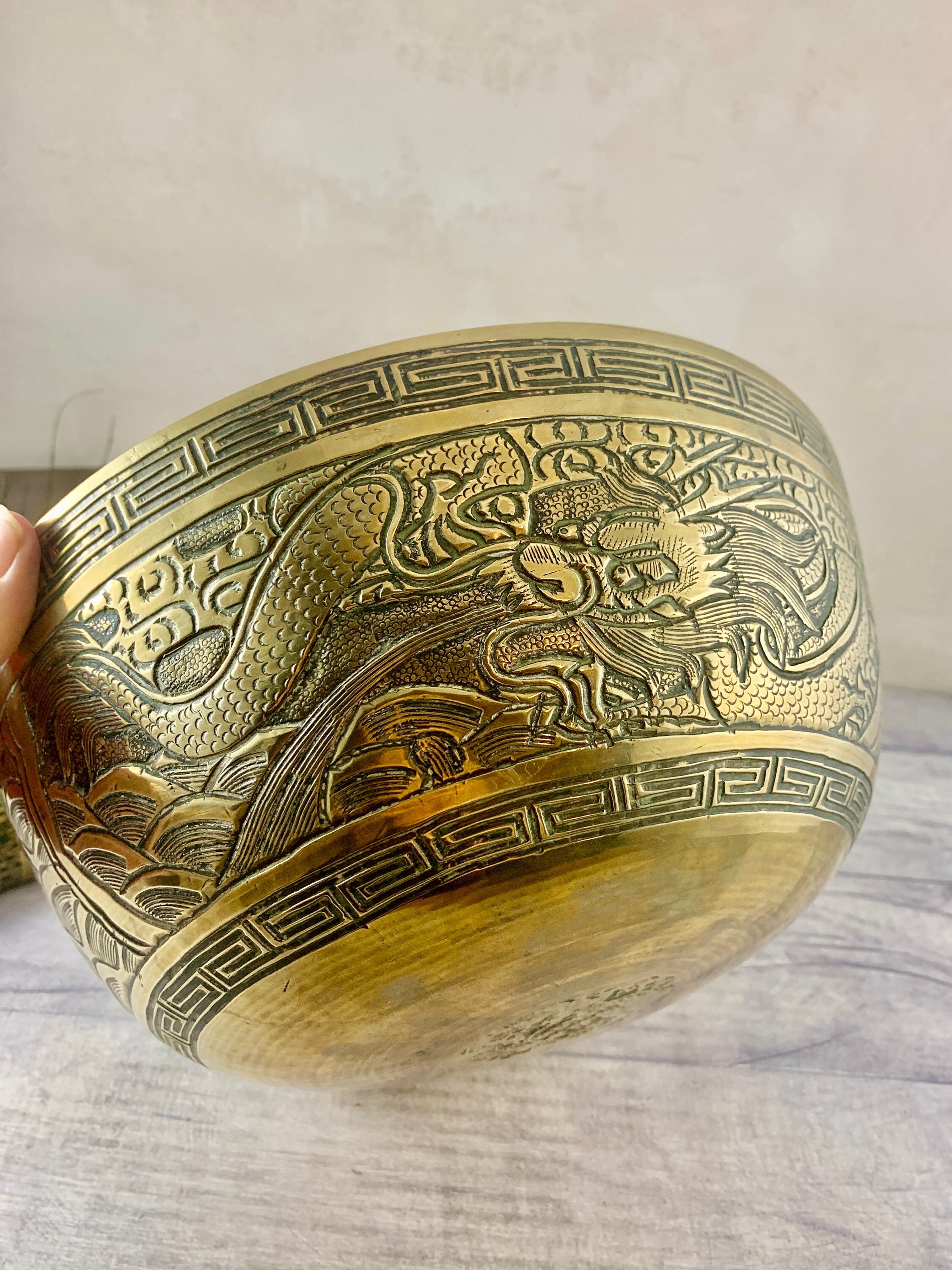 Vintage Chinese Brass Bowl With Dragons and Phoenix / Antique - Etsy
