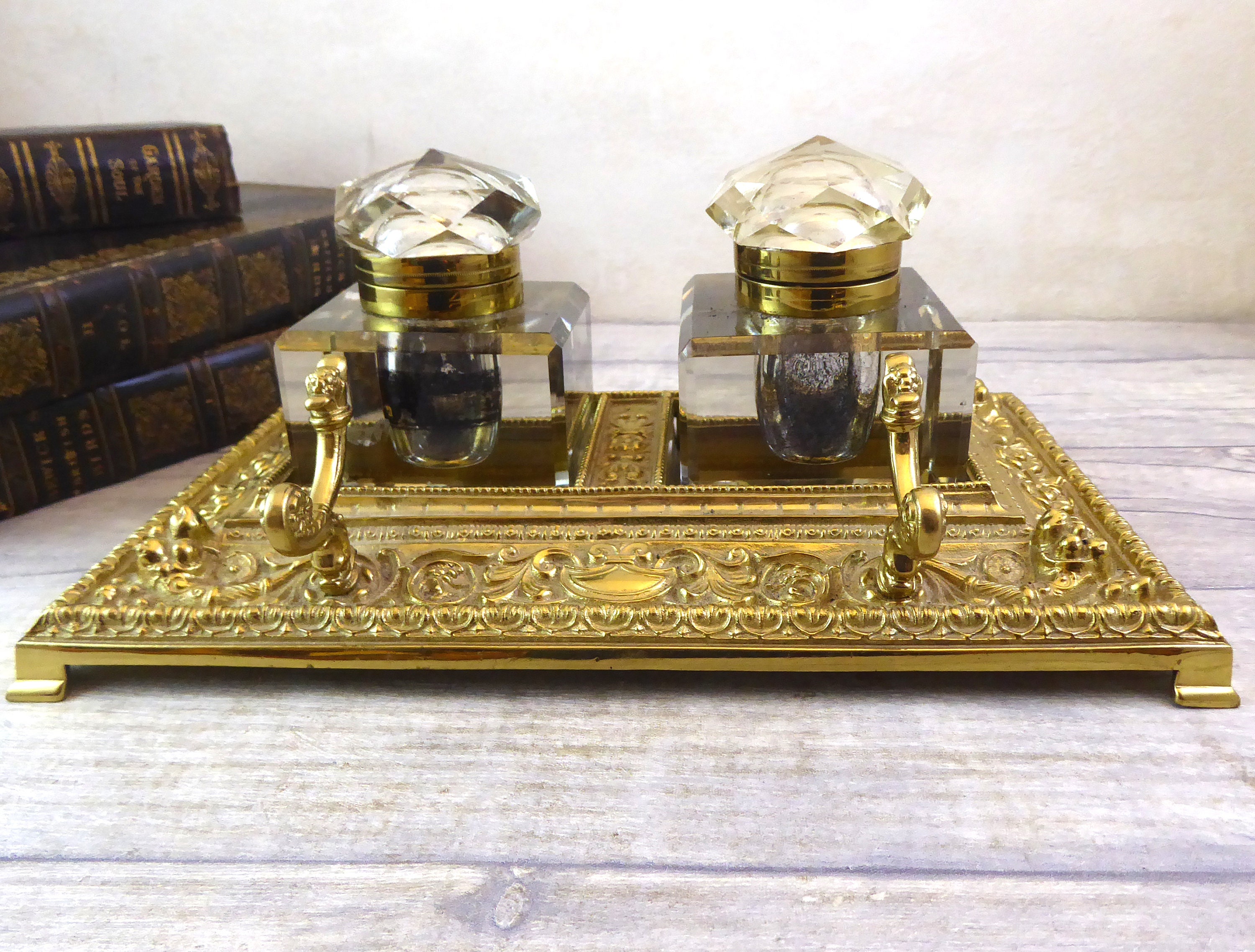 Antique Ornate Brass Inkwell Stand With Pair of Inkwells Pen - Etsy