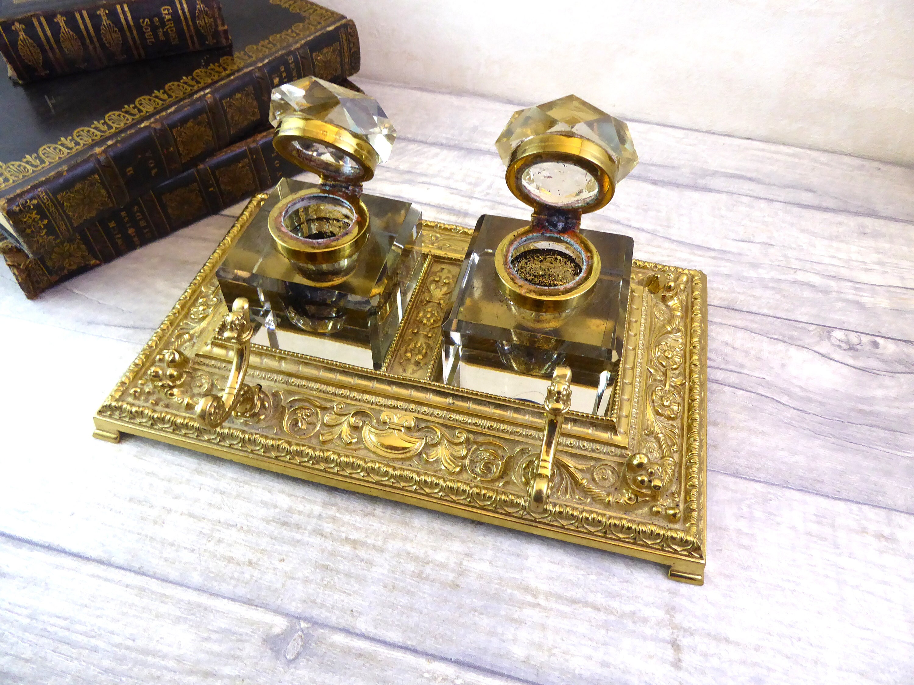 Antique Ornate Brass Inkwell Stand With Pair of Inkwells Pen - Etsy