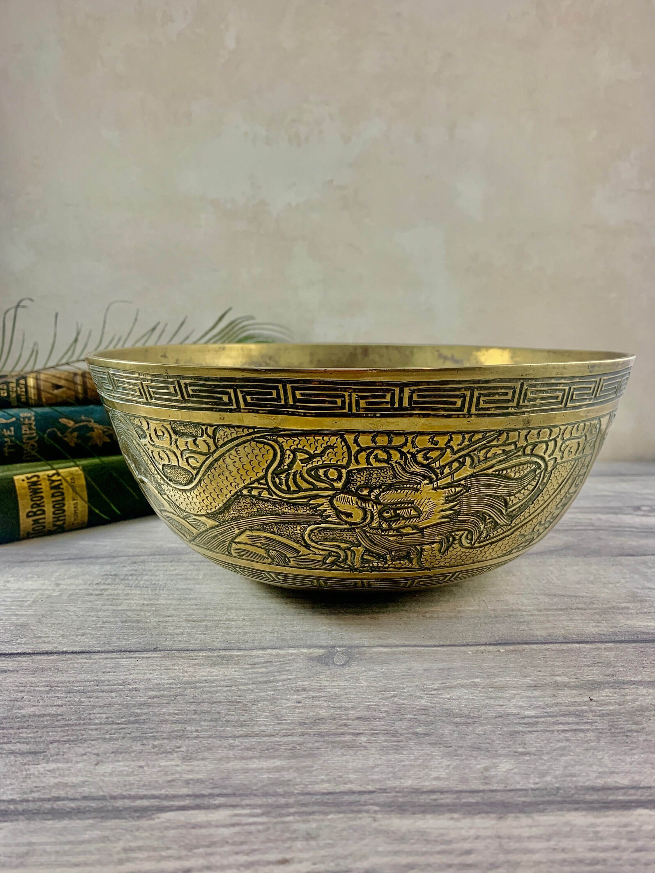 Vintage Chinese Brass Bowl With Dragons and Phoenix / Antique - Etsy