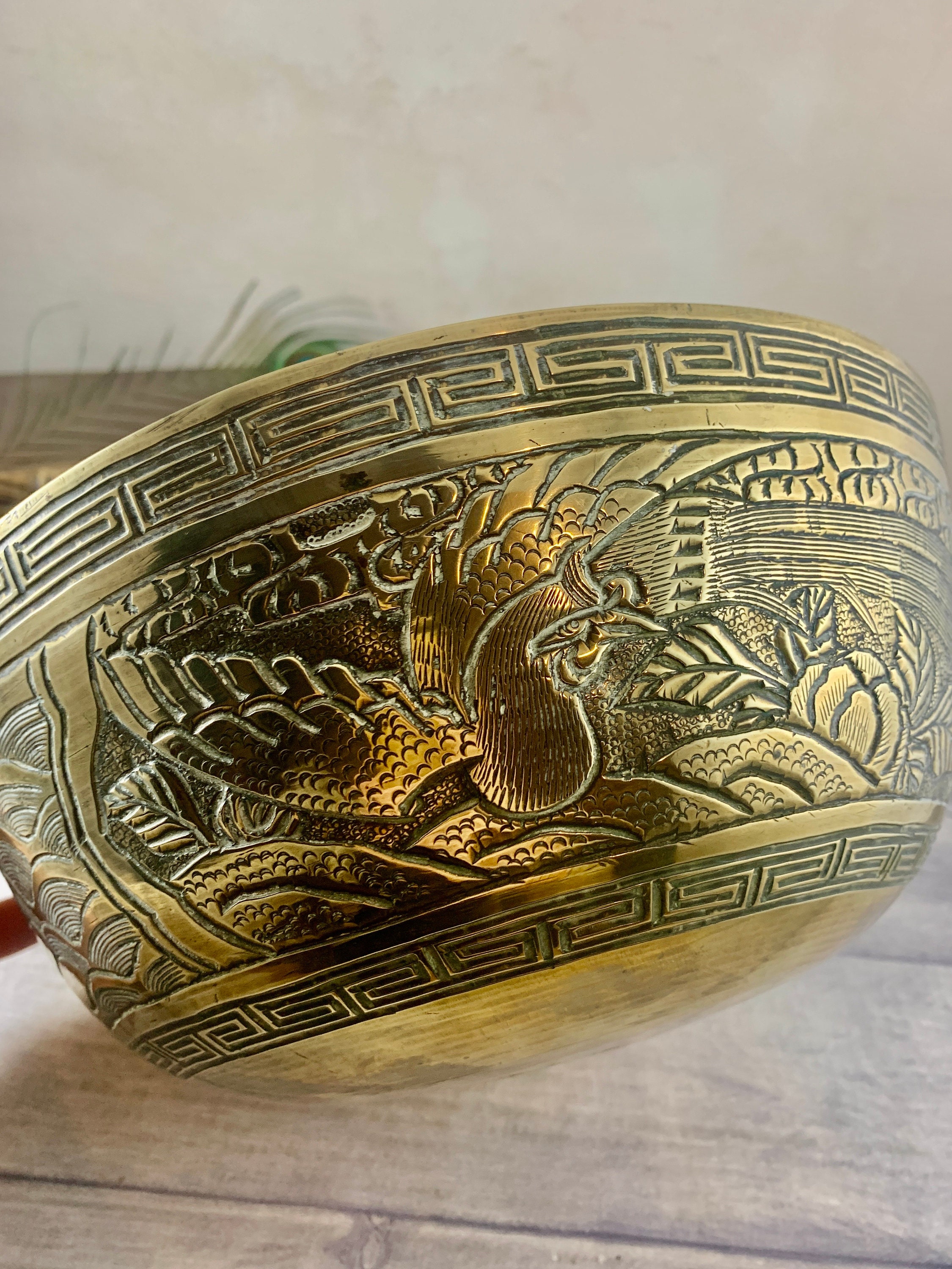 Vintage Chinese Brass Bowl With Dragons and Phoenix / Antique - Etsy