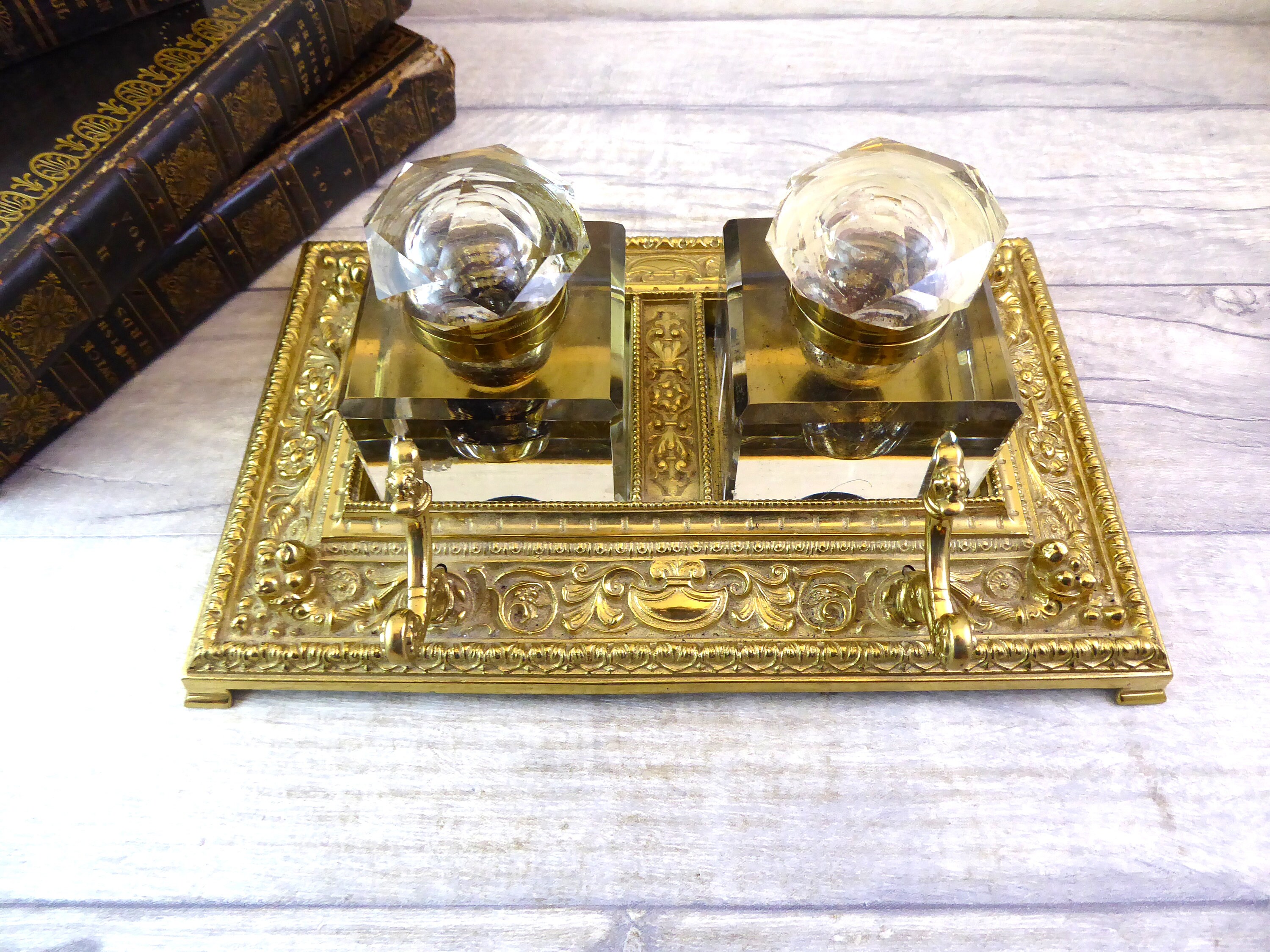 Antique Ornate Brass Inkwell Stand With Pair of Inkwells Pen - Etsy