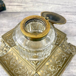 Vintage Brass Decorative Ink Stand With Cut Glass Inkwell / Gift for ...