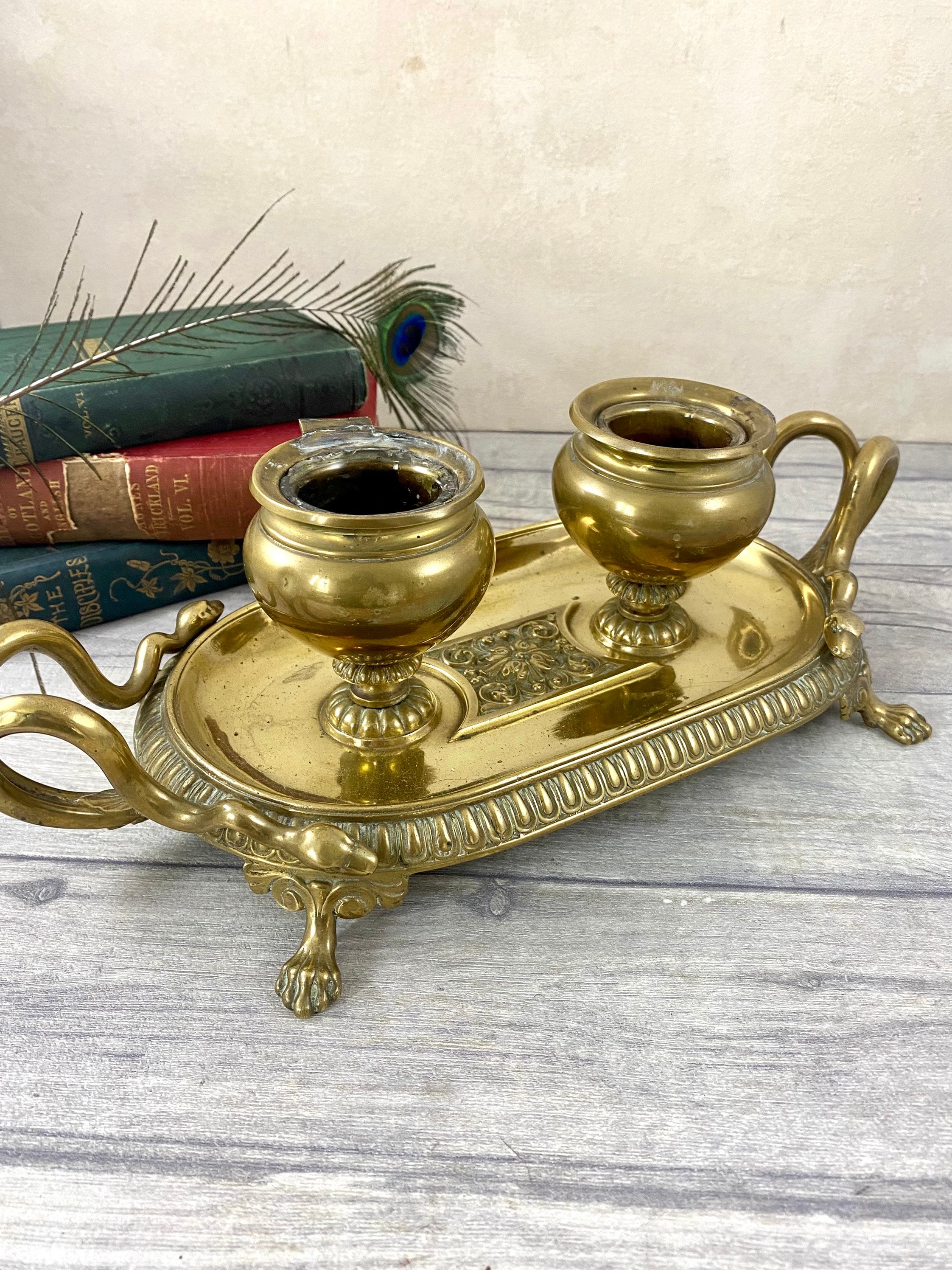 Vintage Brass Double Ink Stand With Two Inkwells With Glass - Etsy