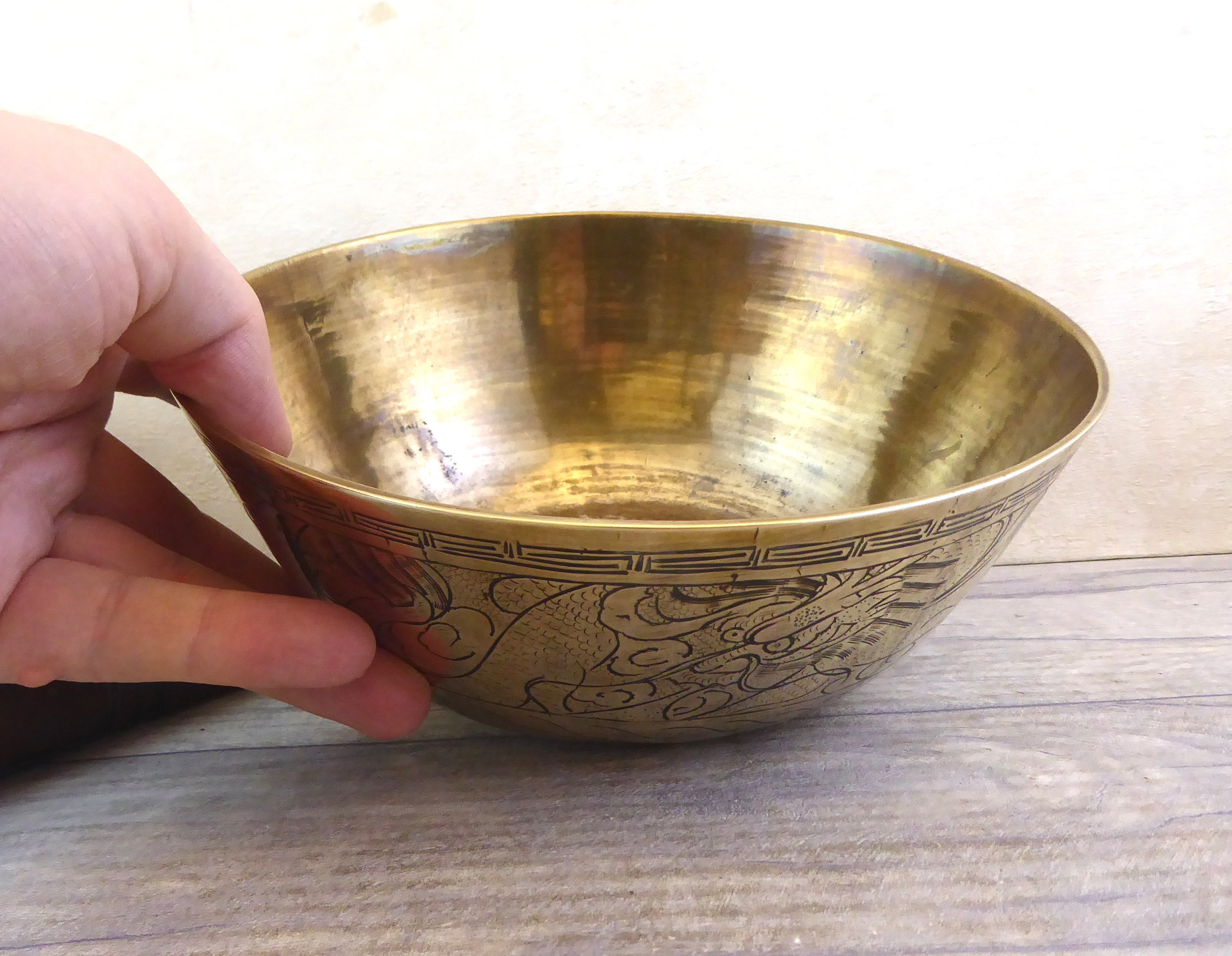 Vintage Chinese Brass Bowl With Dragons and Phoenix / Antique - Etsy