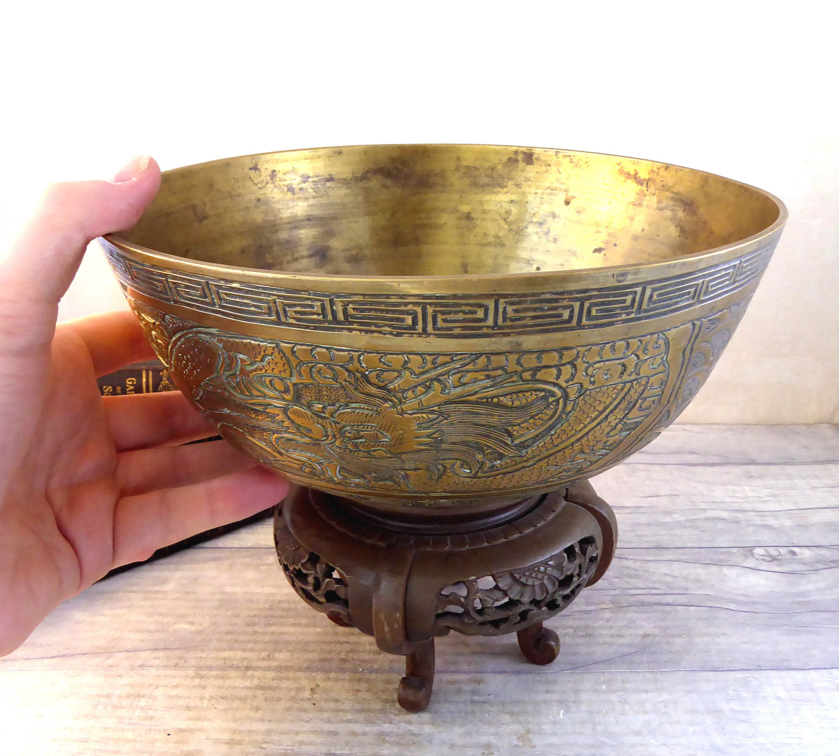 Vintage Chinese Brass Bowl With Dragons and Phoenix / Antique - Etsy