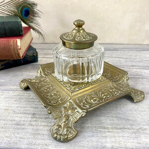 Vintage Brass Decorative Ink Stand With Cut Glass Inkwell / Gift for ...