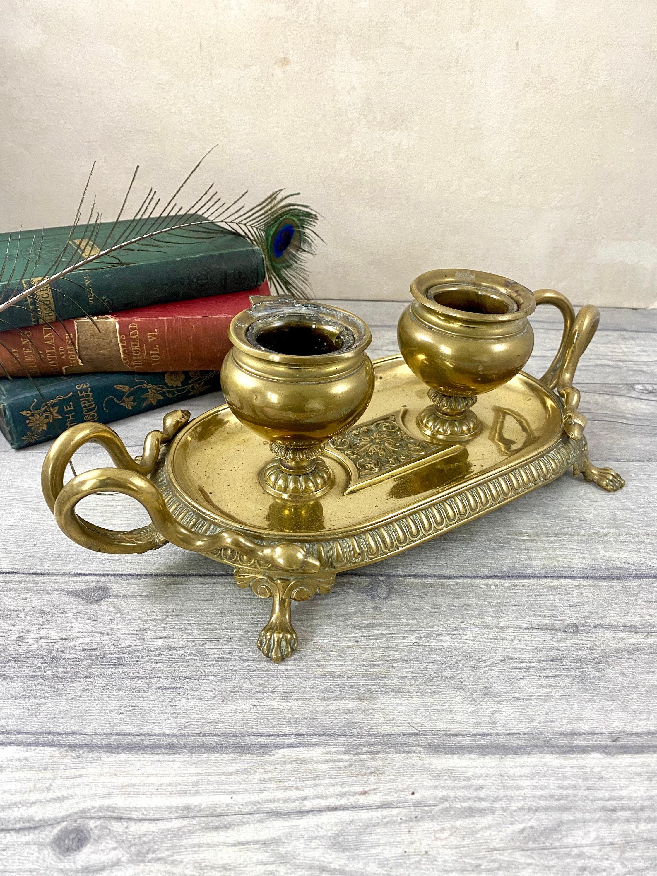 Vintage Brass Double Ink Stand With Two Inkwells With Glass - Etsy