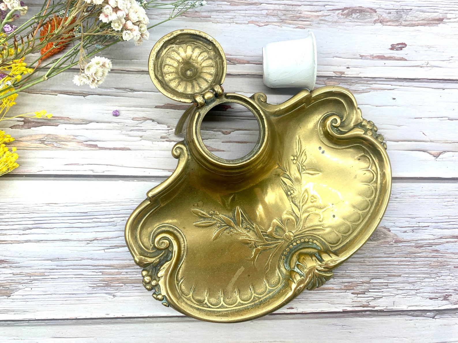 Vintage brass decorative ink stand with inkwell and penholder | Etsy