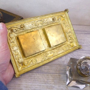 Antique Ornate Brass Inkwell Stand With Pair of Inkwells, Pen Rest and ...