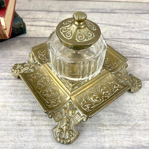 Vintage Brass Decorative Ink Stand With Cut Glass Inkwell / Gift for ...