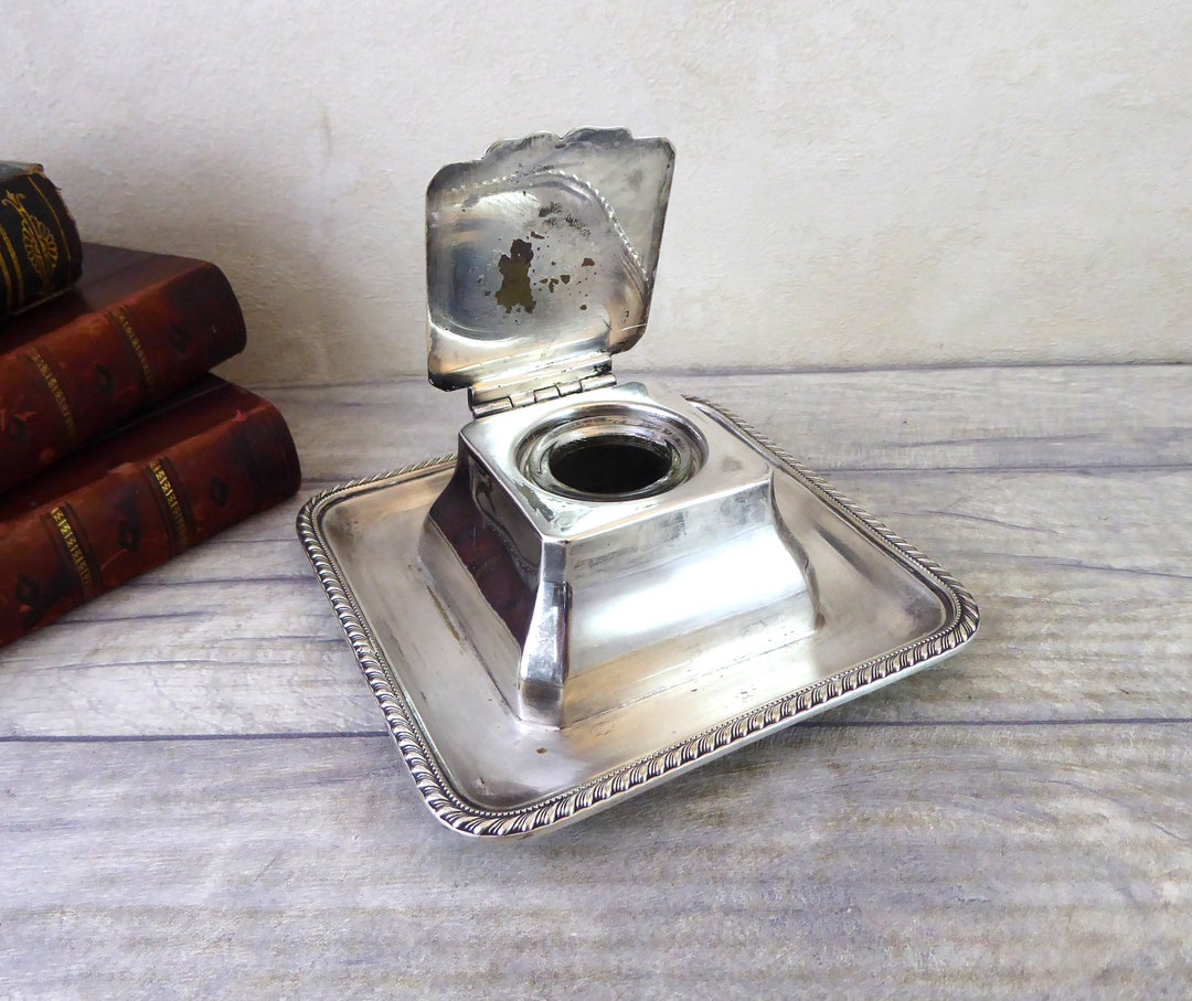 Vintage Silver Plate Decorative Art Deco Ink Stand With Hinged Lid ...