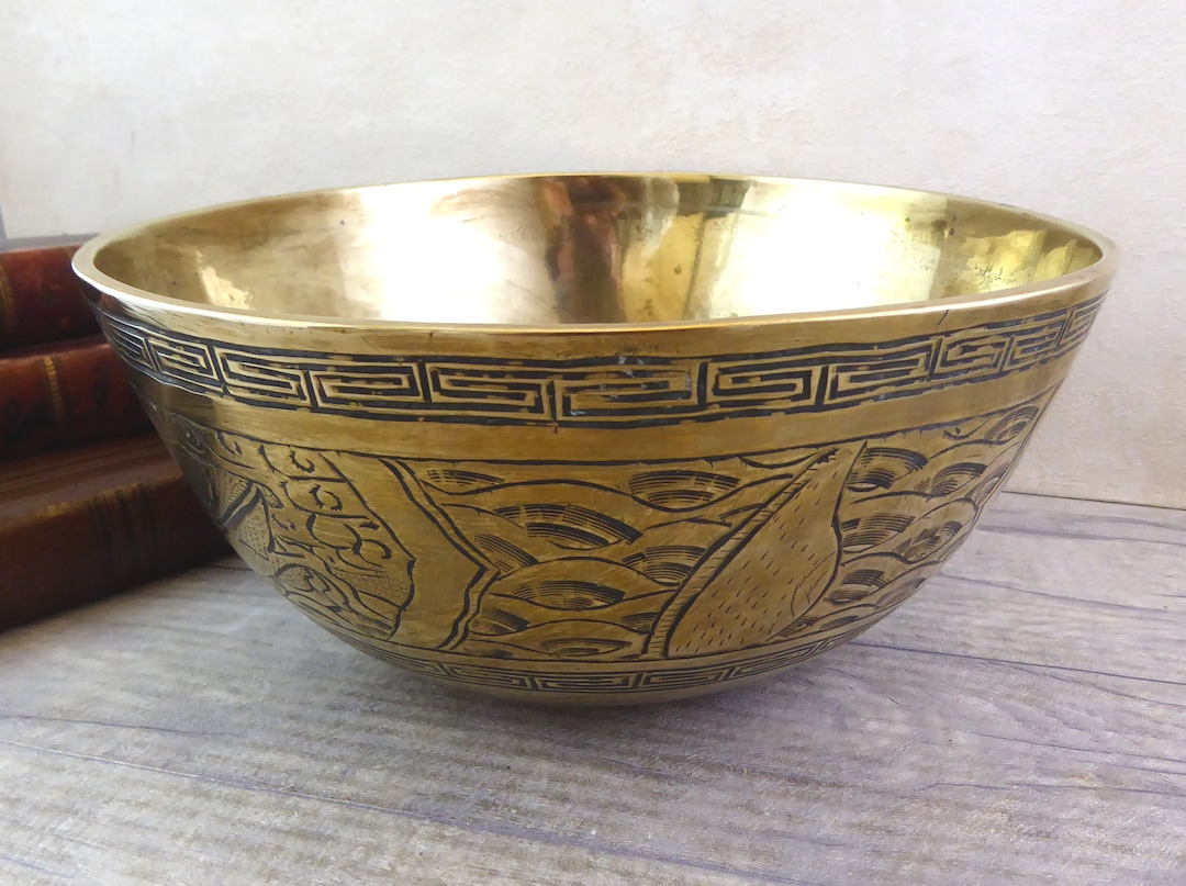 Vintage Chinese Brass Bowl With Dragons and Phoenix / Antique Large ...