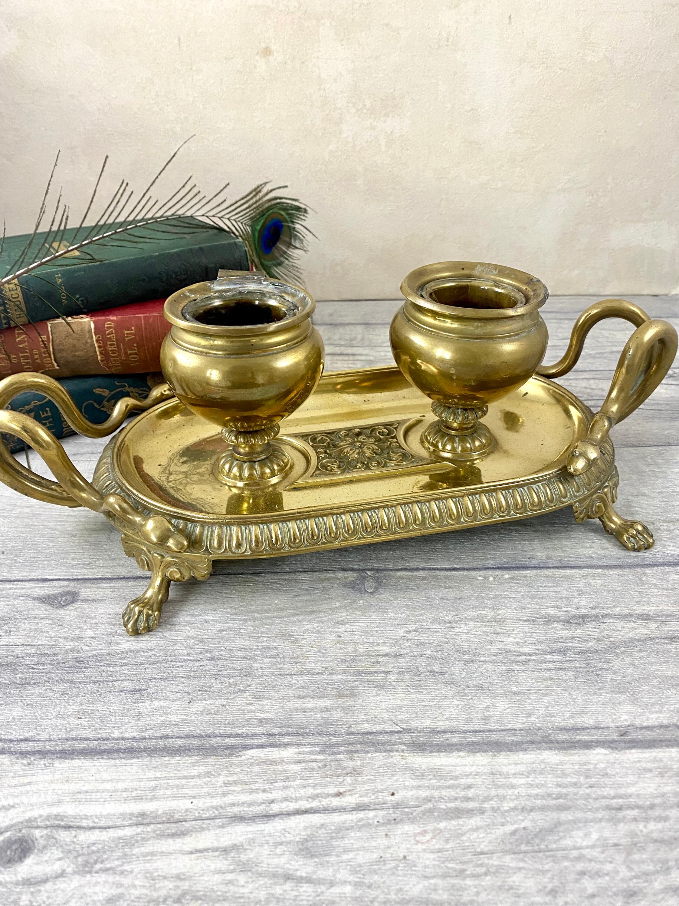 Vintage Brass Double Ink Stand With Two Inkwells With Glass - Etsy