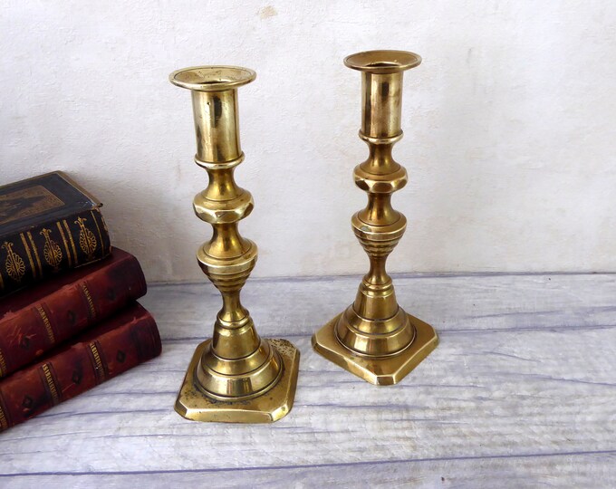 Pair of Small Vintage Brass 'beehive' Candlesticks With Square Bases ...