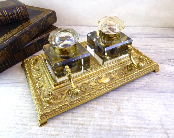 Antique Ornate Brass Inkwell Stand With Pair of Inkwells, Pen Rest and ...