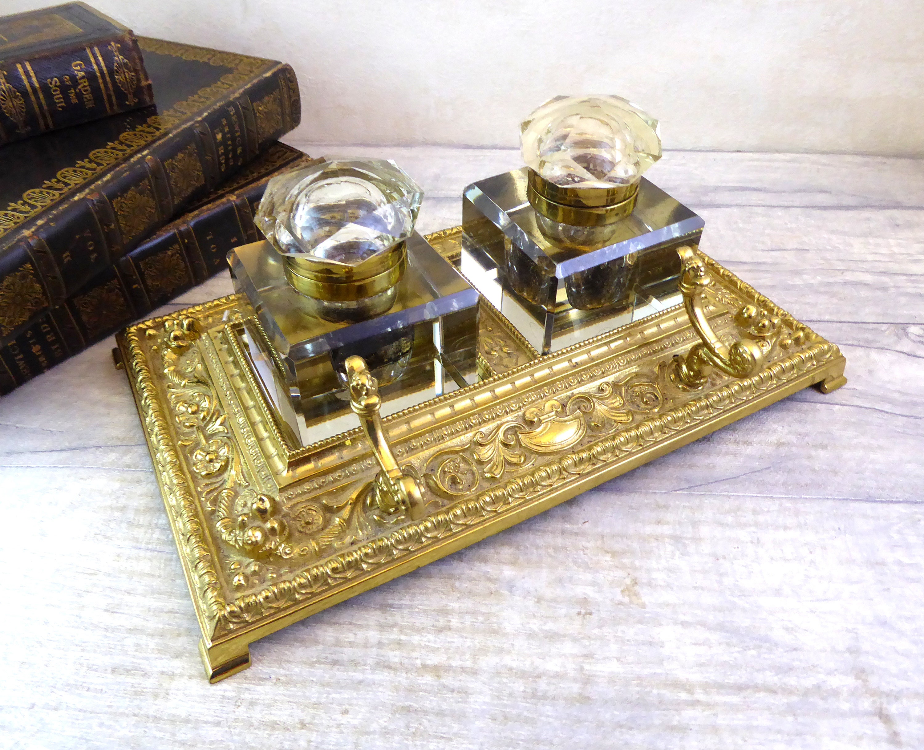 Antique Ornate Brass Inkwell Stand With Pair of Inkwells Pen - Etsy