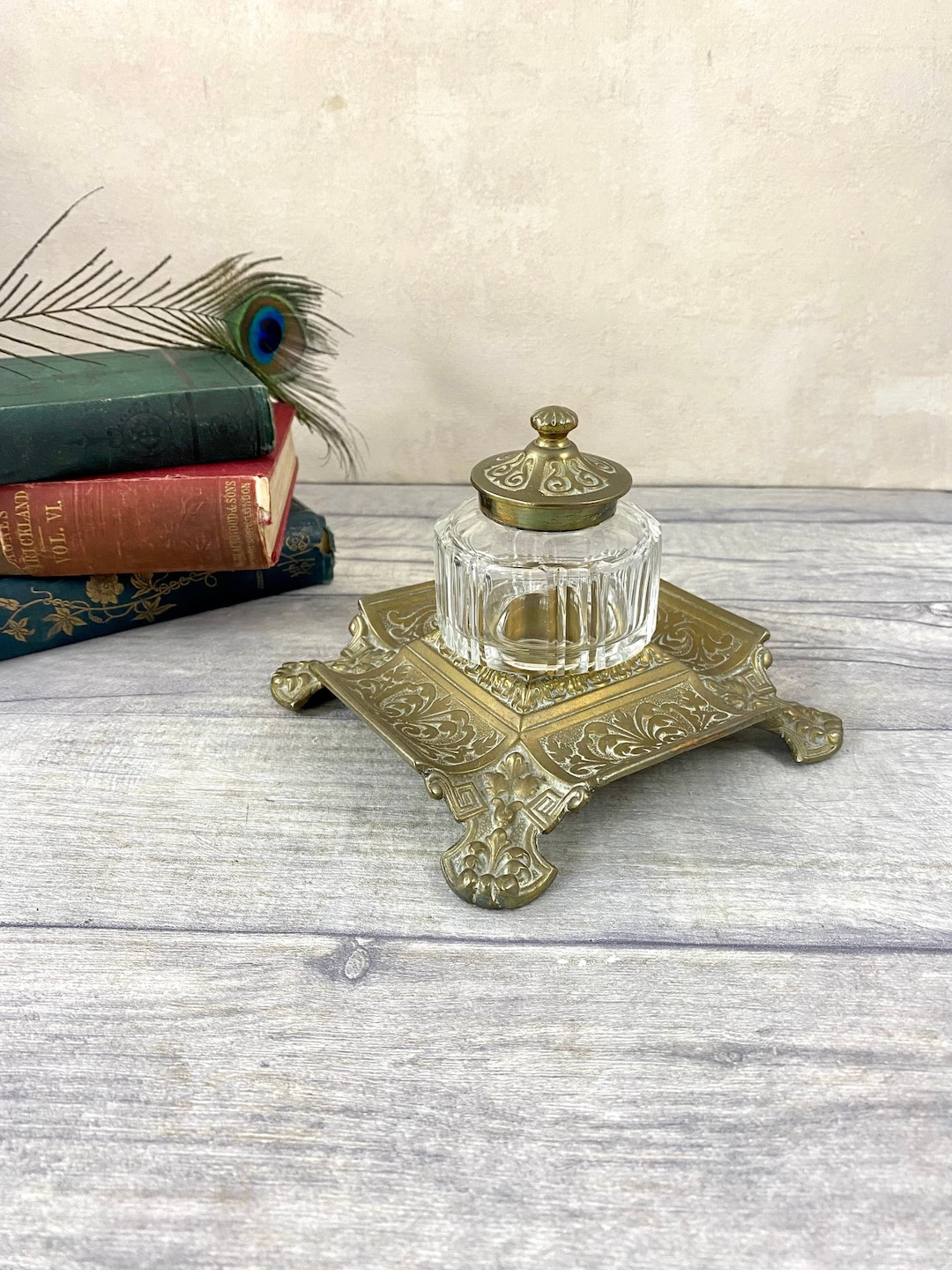 Vintage Brass Decorative Ink Stand With Cut Glass Inkwell / Gift for ...