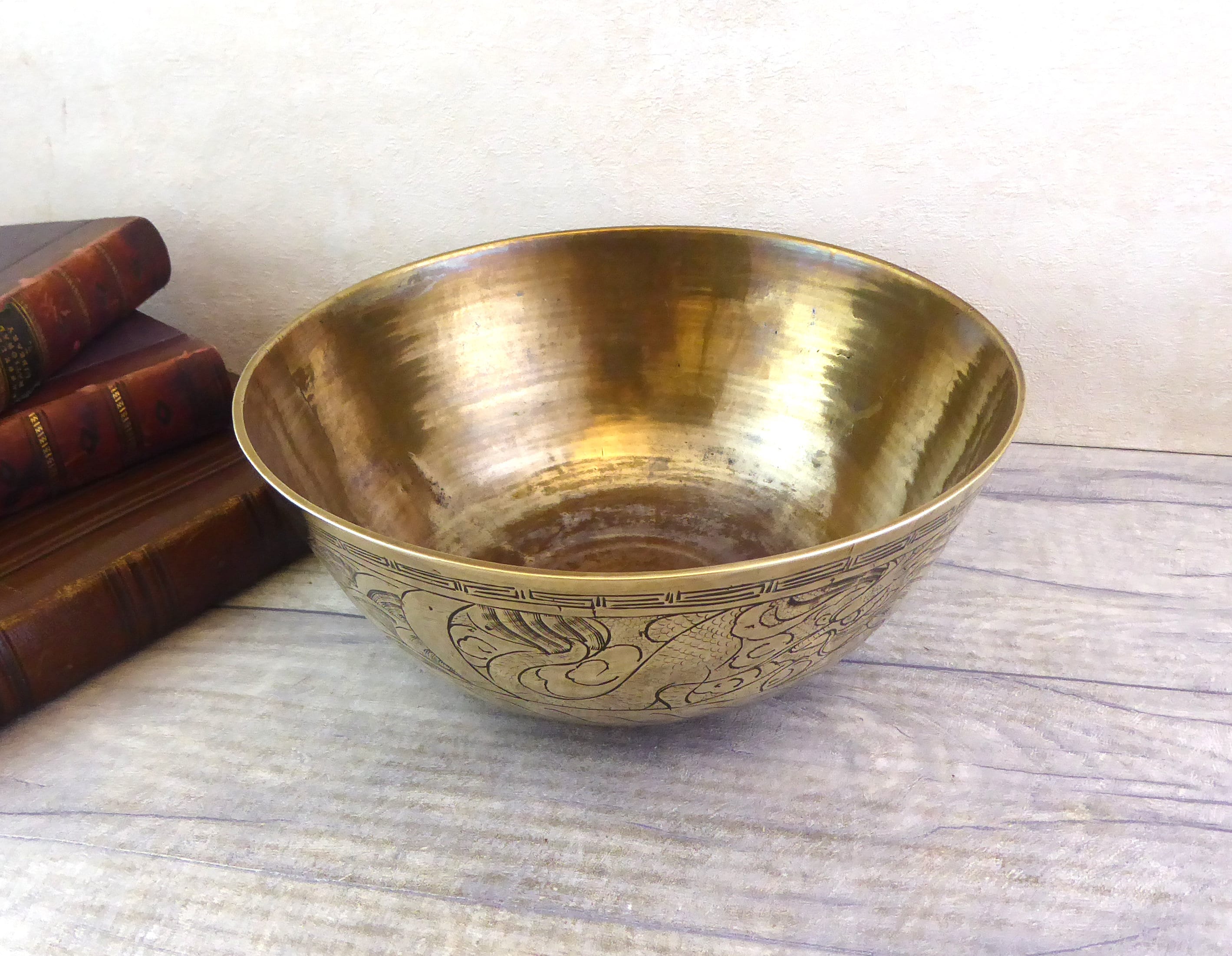 Vintage Chinese Brass Bowl With Dragons and Phoenix / Antique - Etsy