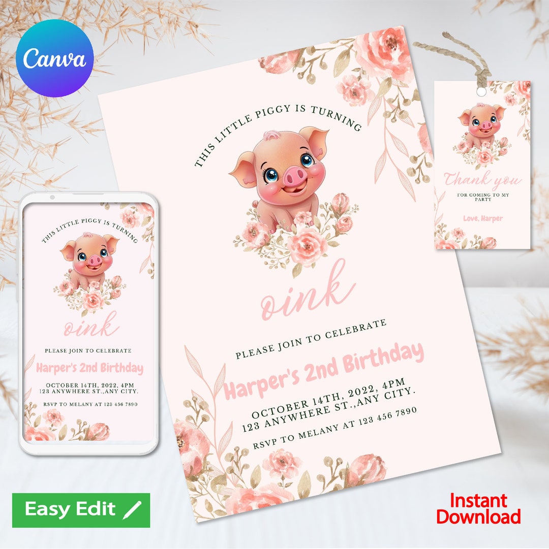 Editable Pig Birthday Invitation Pig Birthday Party Invitation Cute Pig ...