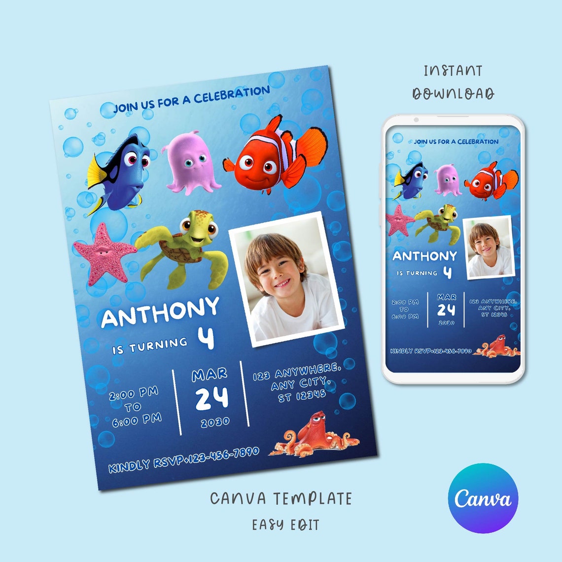 Printable Nemo Birthday Invitation, Dory Invite, Under the Sea Party ...