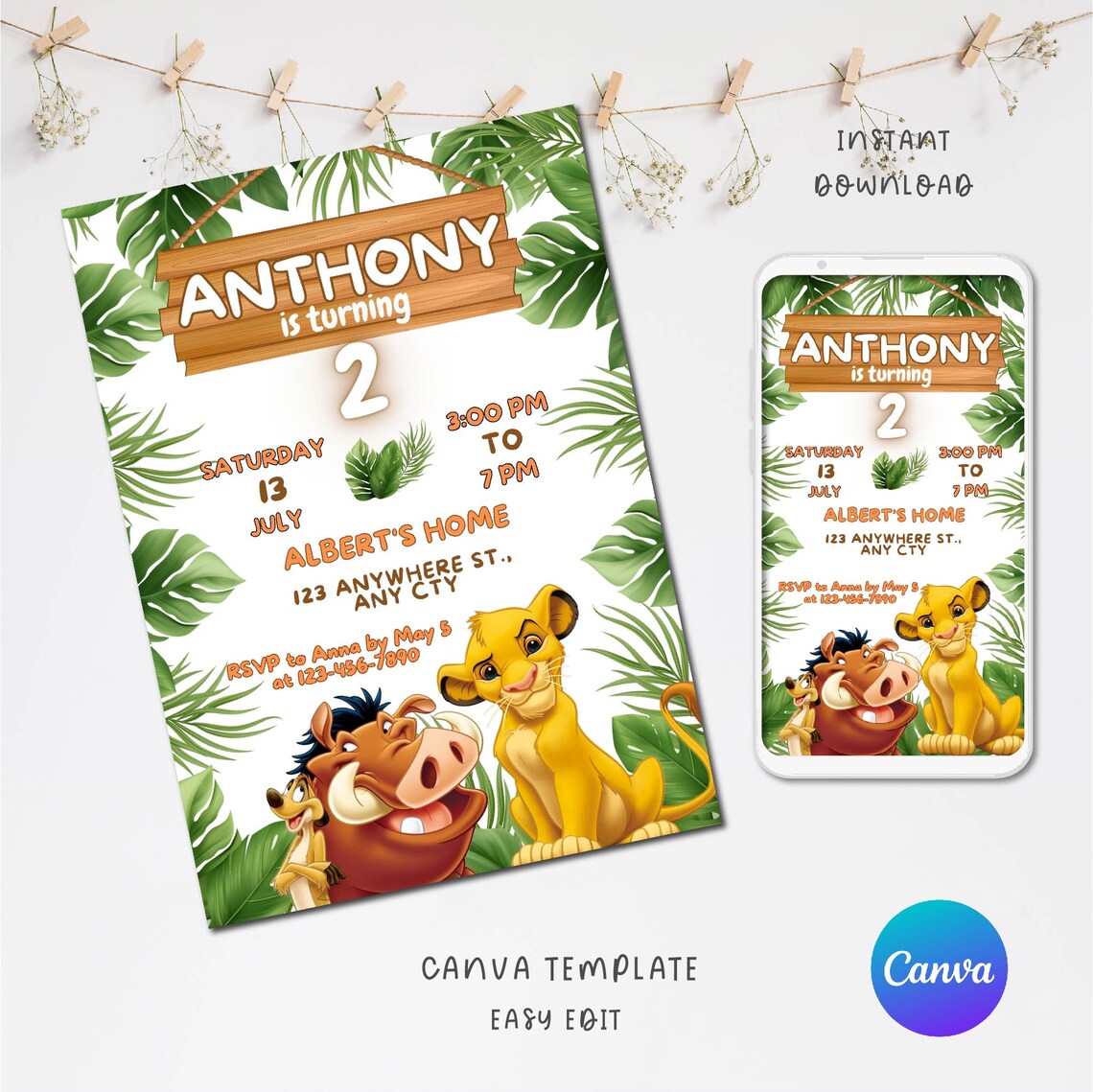 Lion King Birthday Invitation Boy Simba Timon Pumba Jungle Animals ...