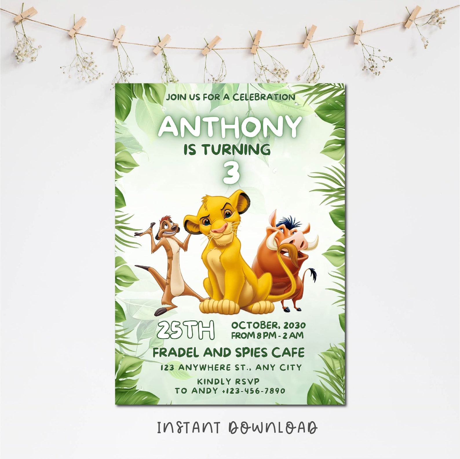 Lion King Birthday Invitation Boy Simba Timon Pumba Jungle Animals ...
