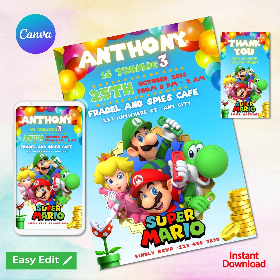 Invitación de Mario Bros, Invitación de cumpleaños de Super Mario ...