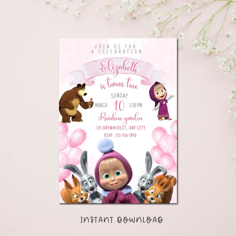 Editable Masha and the Bear Birthday Invitation Template, Printable ...
