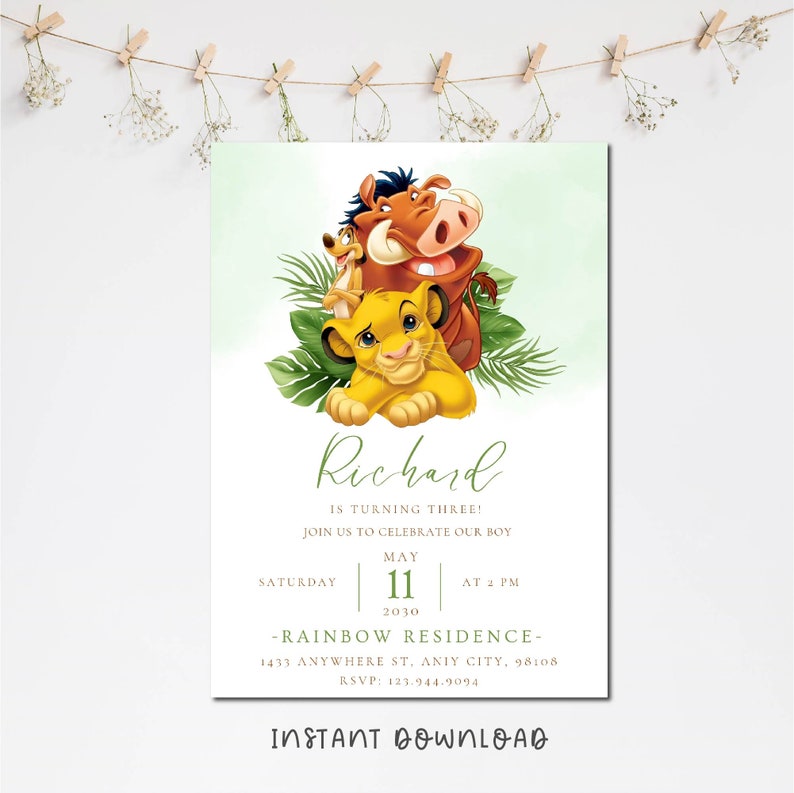 Lion King Birthday Invitation Boy Simba Timon Pumba Jungle Animals ...