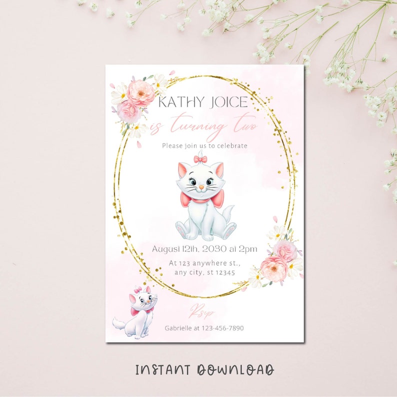 Marie & Aristocats Printable Invitation, Marie Aristocats Invite, Marie ...
